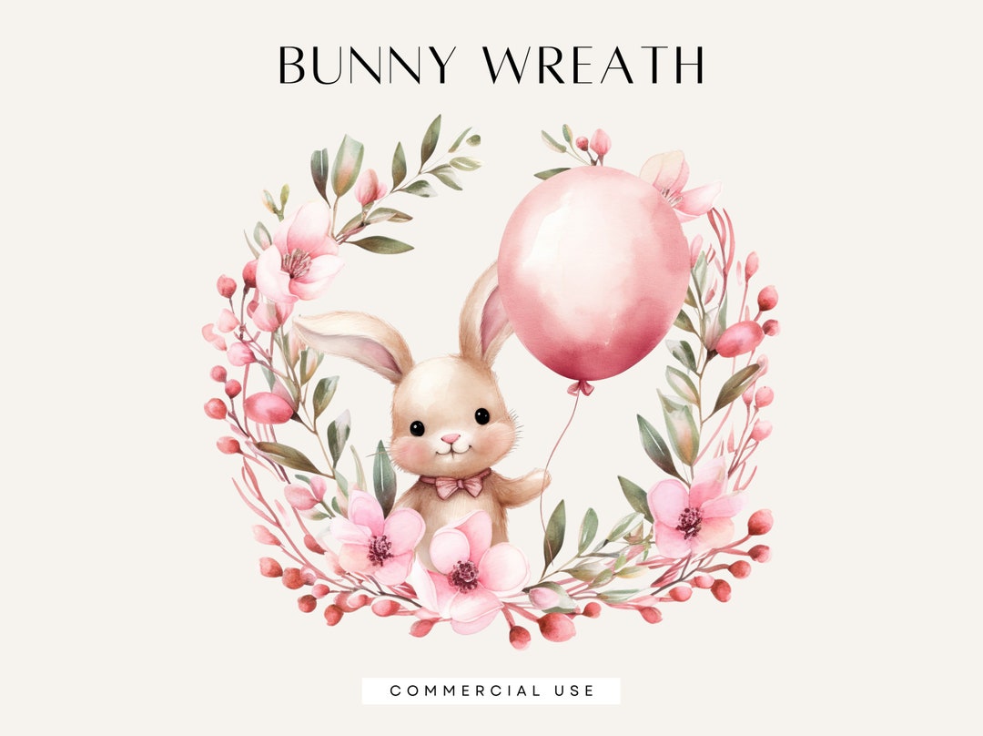 Easter Baby Shower Clipart, Watercolor Floral Wreath, Pink Easter Bunny ...