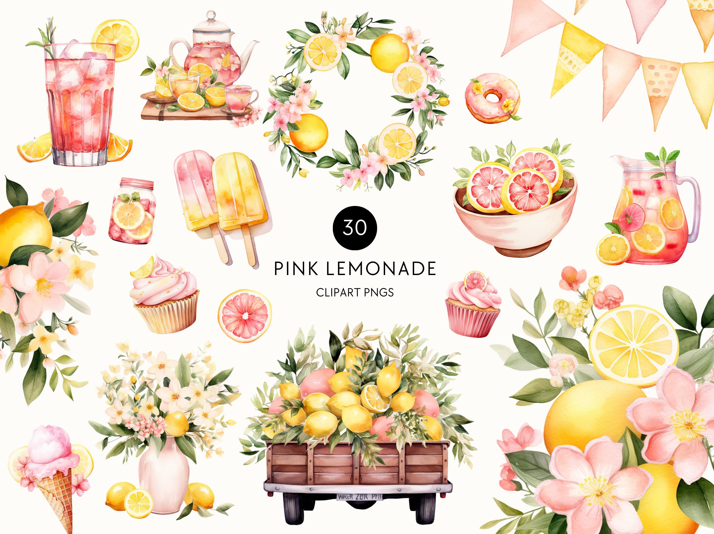 Pink Lemonade Clipart, Summer Party Cocktail, Yellow Floral, Sunshine ...
