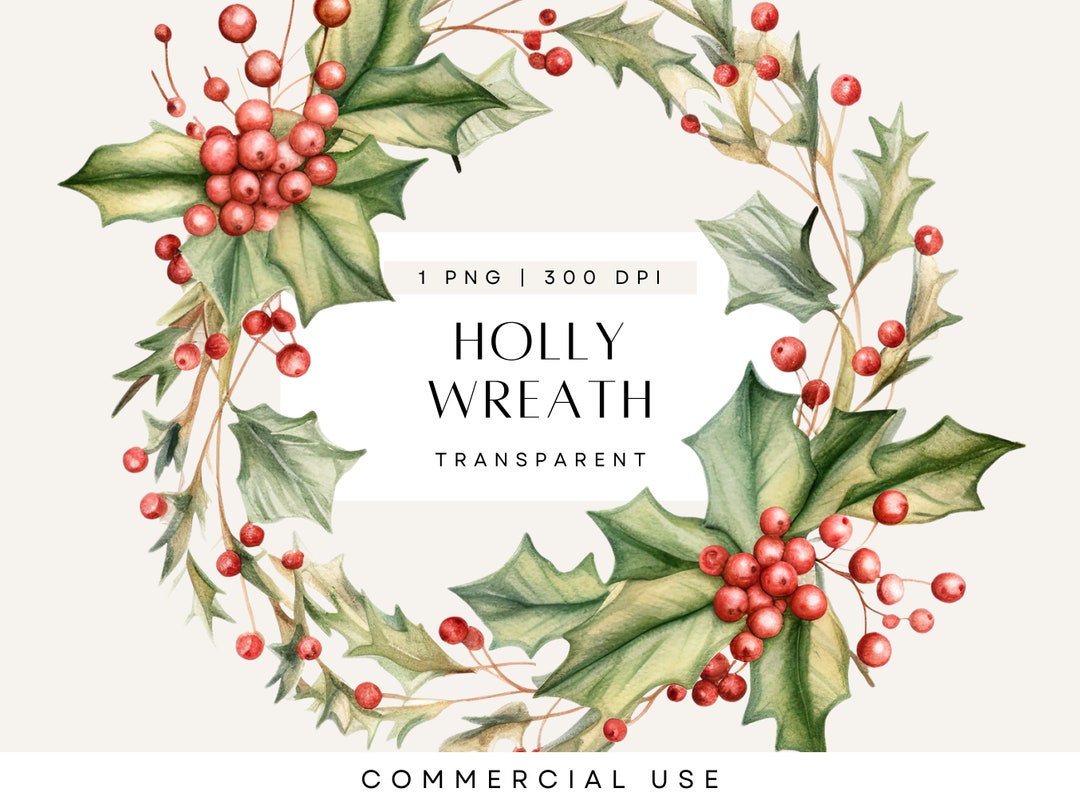 Holly Wreath Clipart, Boho Christmas Wreath Clipart, Hygge Christmas ...
