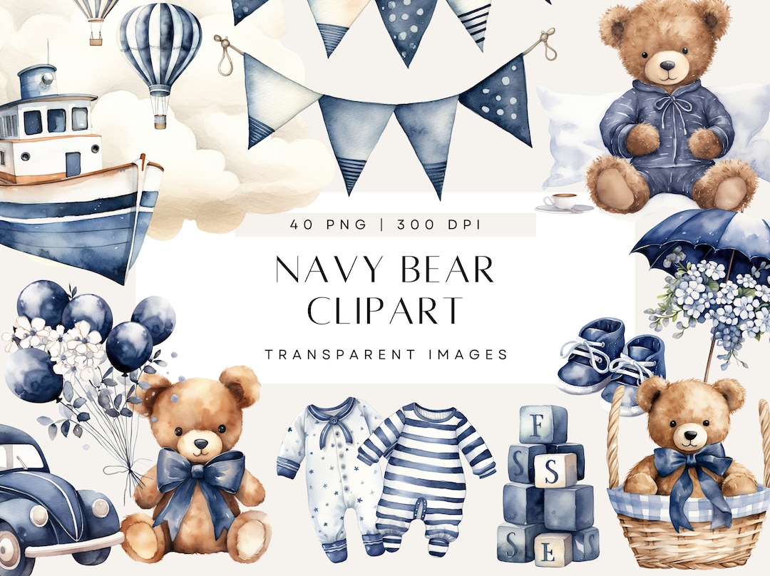 Blue Teddy Bear Watercolor Clipart, Navy Teddy Bear Clipart, Teddy Bear ...