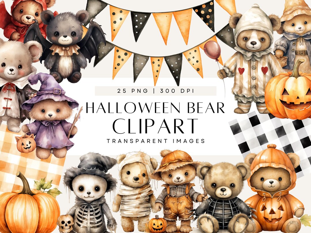 Halloween Teddy Bear Clipart, Gender Neutral Watercolor Teddies, Spooky ...