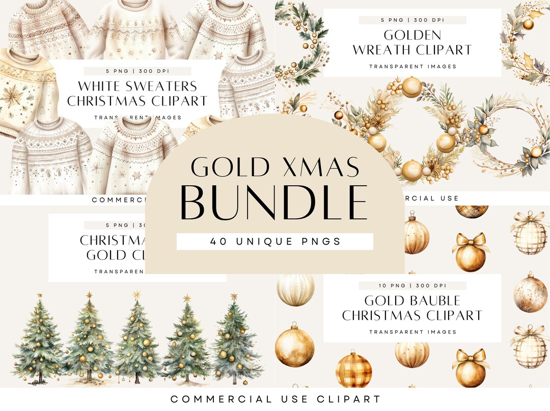 Christmas Mega Bundle Clipart PNG, Gold Tree, Watercolor Baubles ...