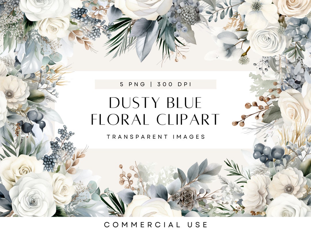 Dusty Blue Floral Clipart, White Rose, Foliage, Flower Bouquet, Wedding ...
