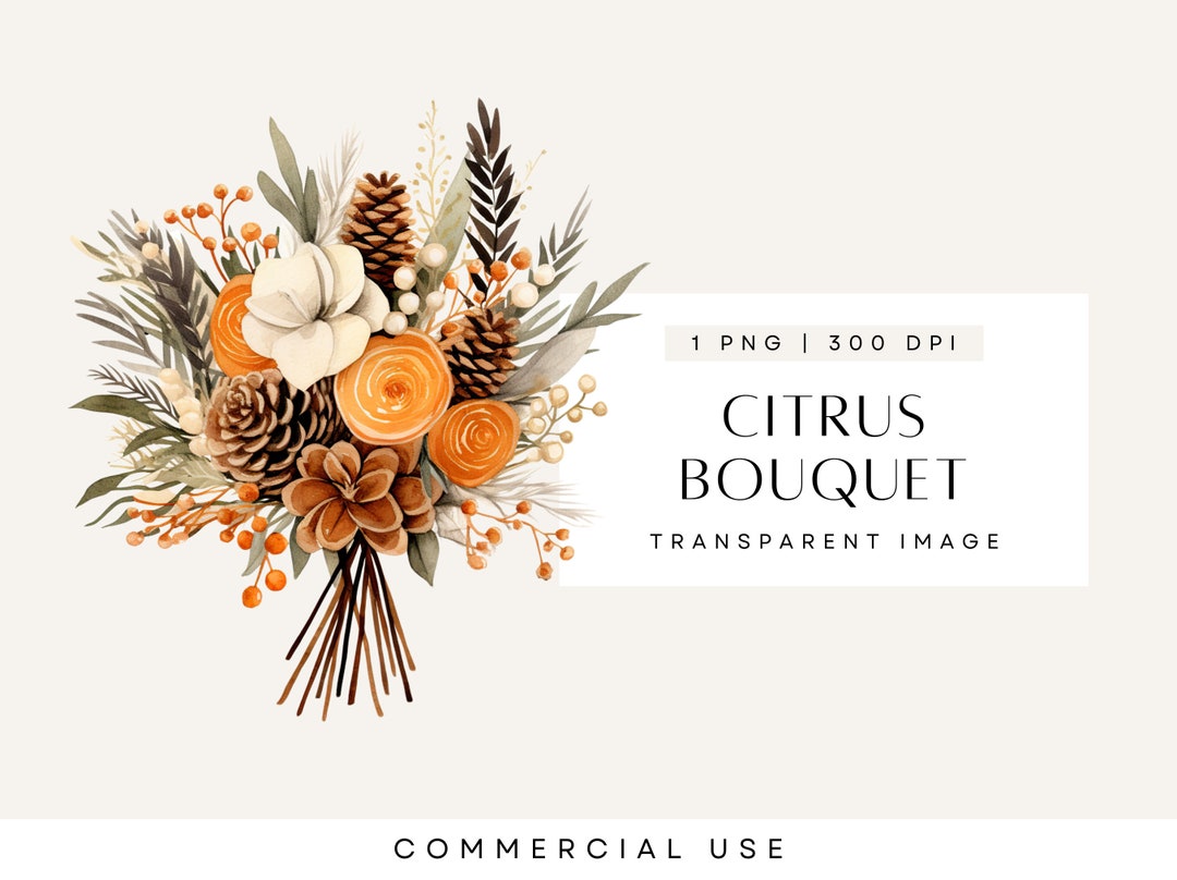 Boho Bouquet Watercolor Flowers Clipart, Orange Floral Clip Art, Citrus ...