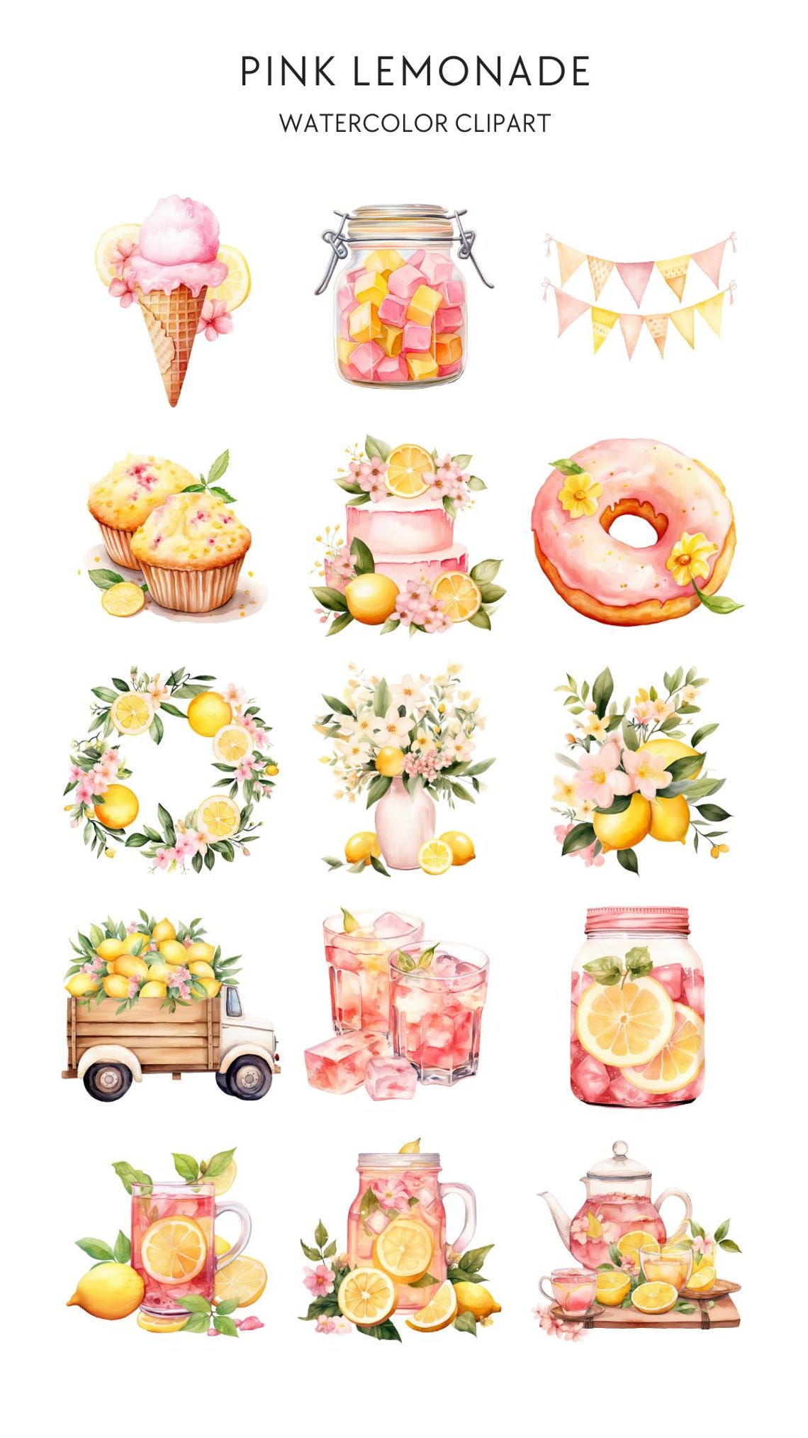 Pink Lemonade Clipart, Summer Party Cocktail, Yellow Floral, Sunshine ...