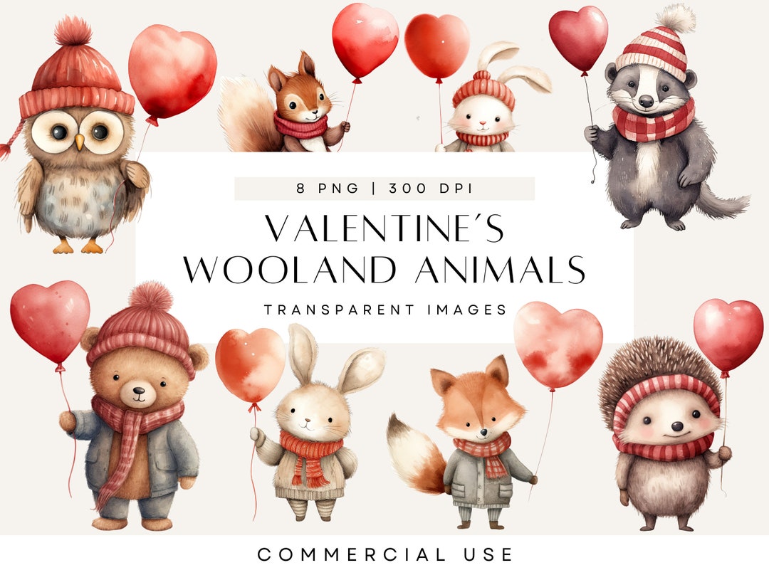 Valentine Woodland Clipart, Red Heart Balloons, Teddy Bear, Animals ...