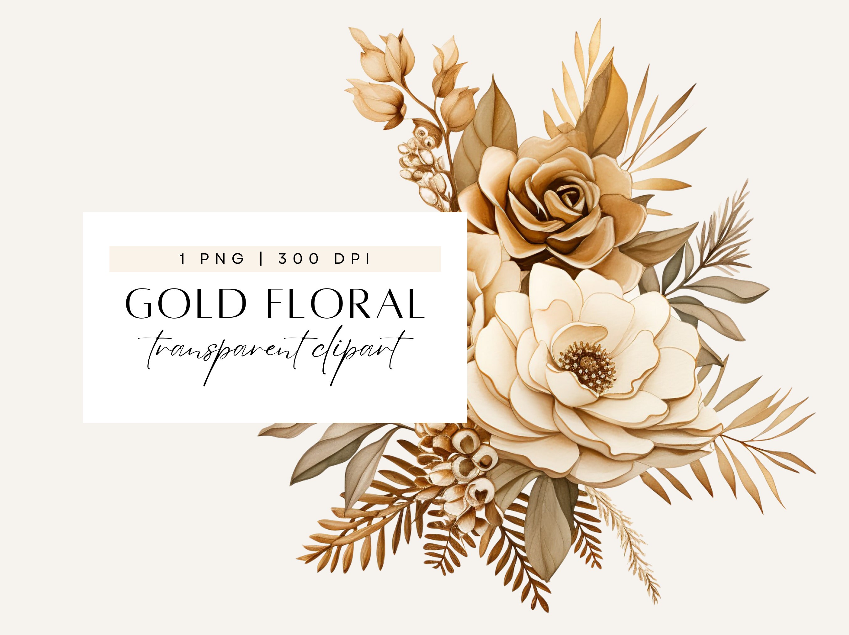 Gold Floral Clipart, Gold Christmas Decor, Greenery Clip Art, Golden ...