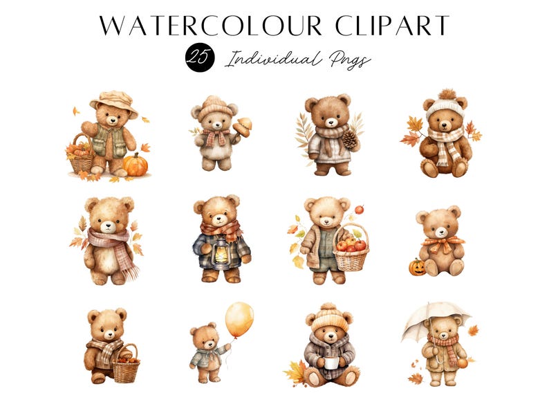 Fall Bear Clipart, Watercolor Baby Bear Clip Art, Autumn Basket Teddy ...