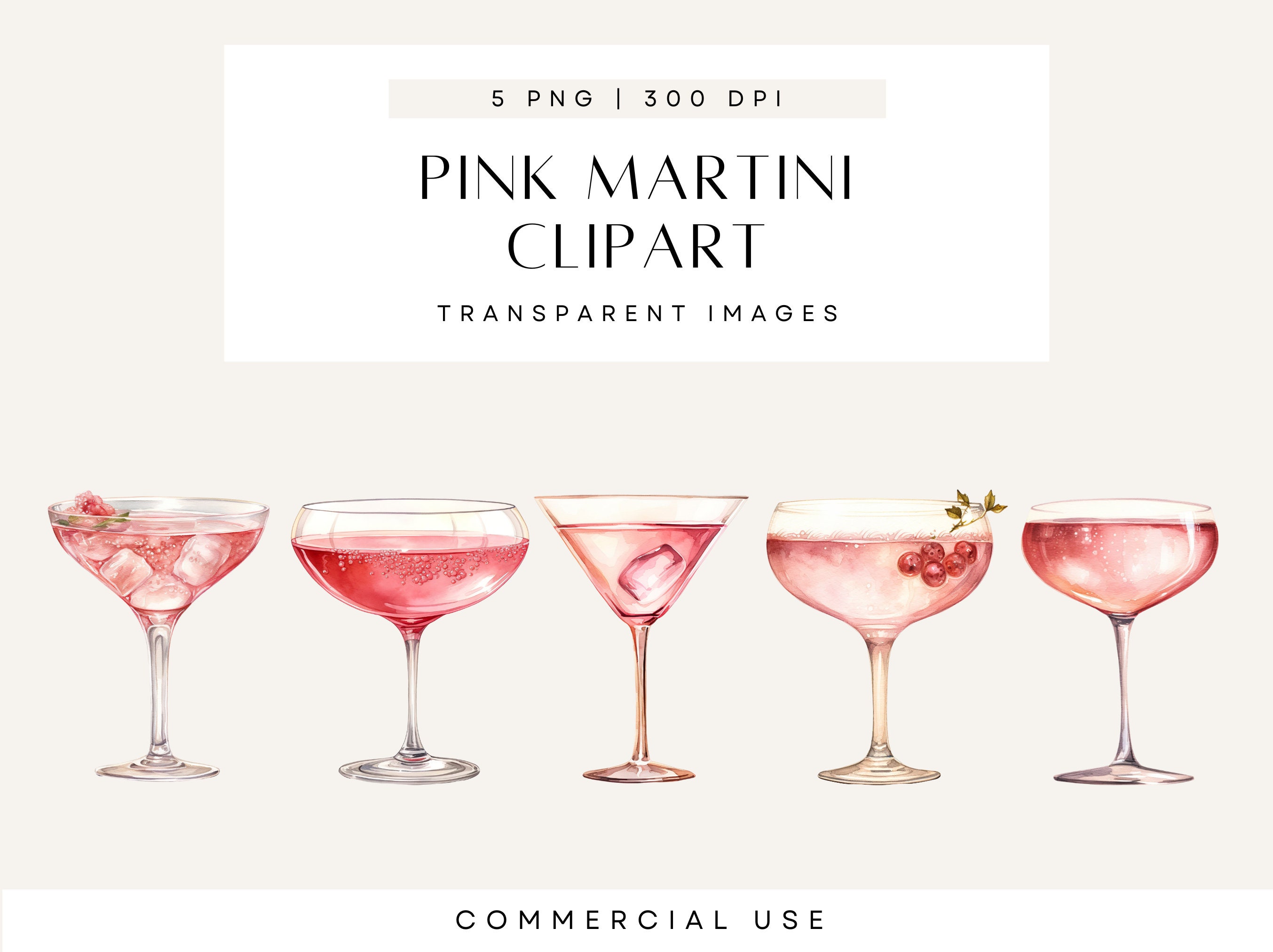Martini Clipart, Pink Drink, Bubbly Rose Clip Art, Watercolor Martinis ...