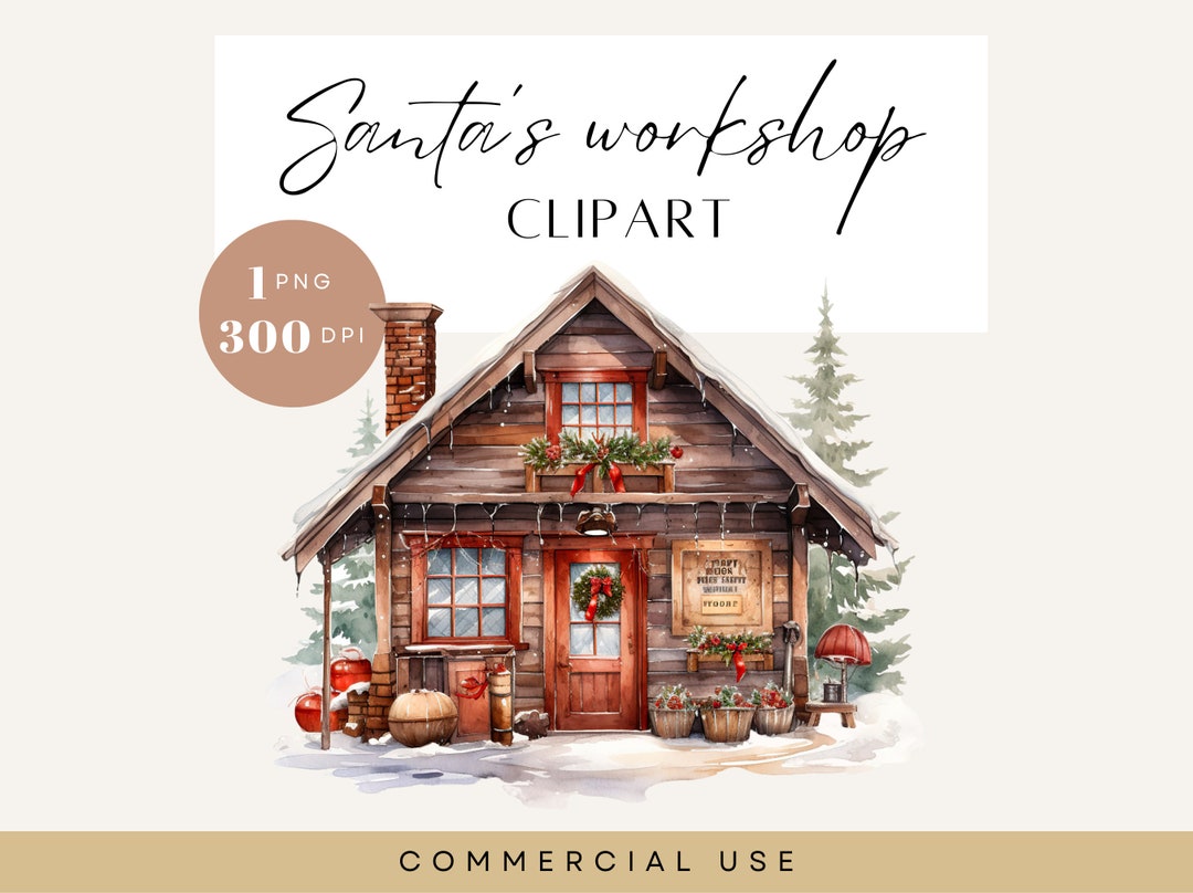 Santa Workshop Clipart Cute Christmas Clip Art Winter Cabin - Etsy