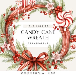 Watercolor Christmas Candy Clipart, Candy Cane Wreath, Boho Wreaths ...