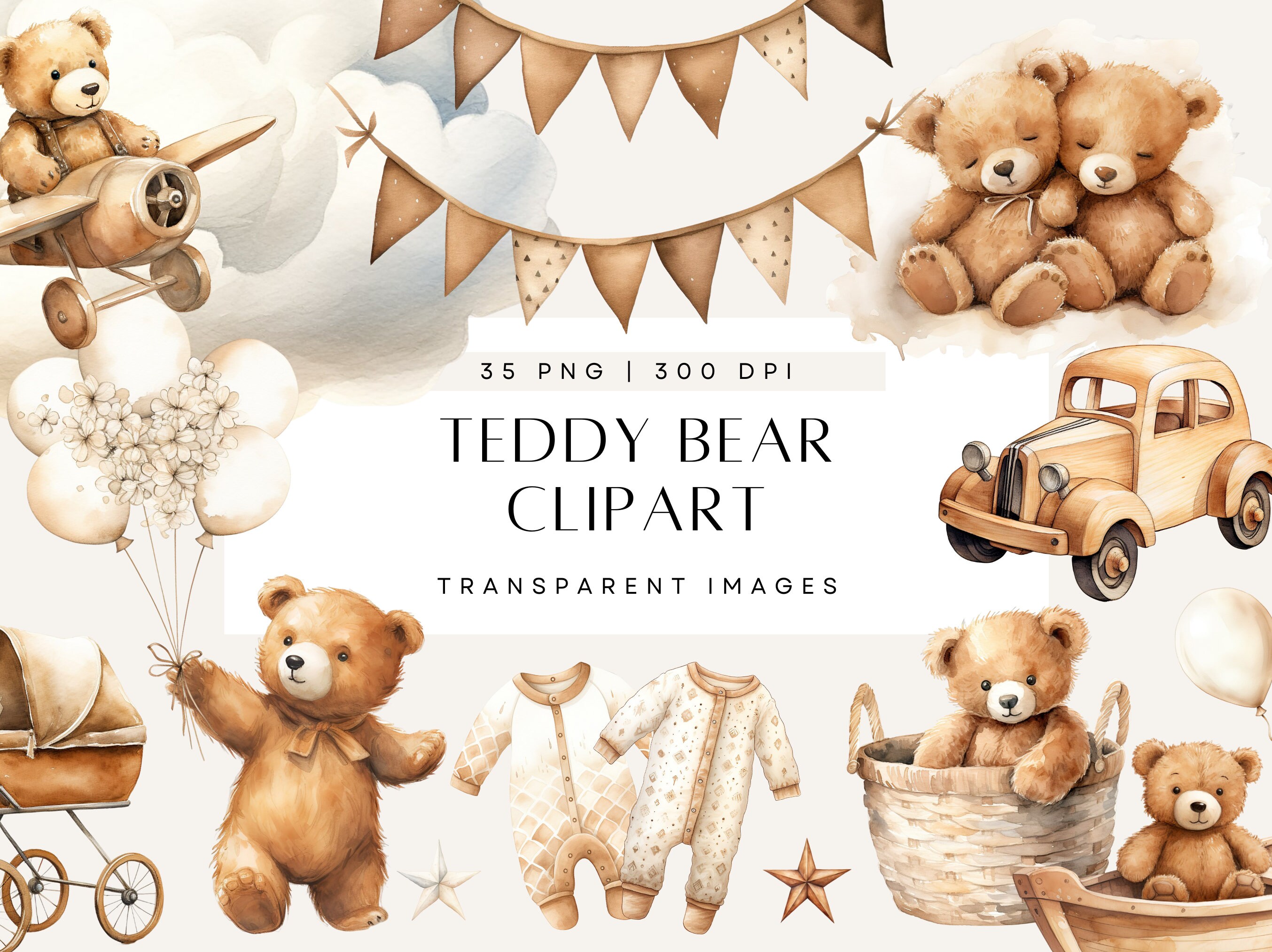 Teddy Bear Baby Shower Clipart, Brown Teddies Holding Balloons, Gender ...