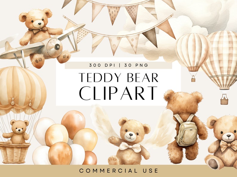 Neutral Teddy Bear Watercolor Clipart, Teddies Holding Balloons, Gender ...