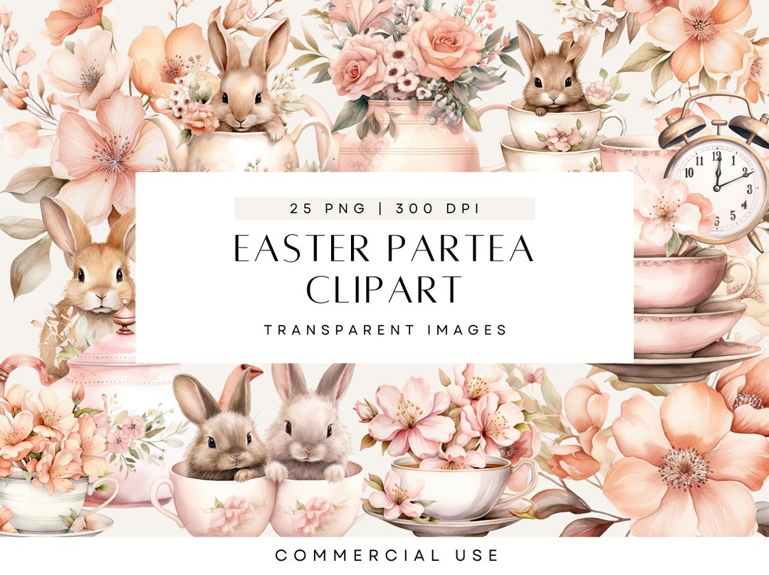 Easter Tea Clipart, Cute Easter Bunny, Pink Tea Party, Easter Partea ...