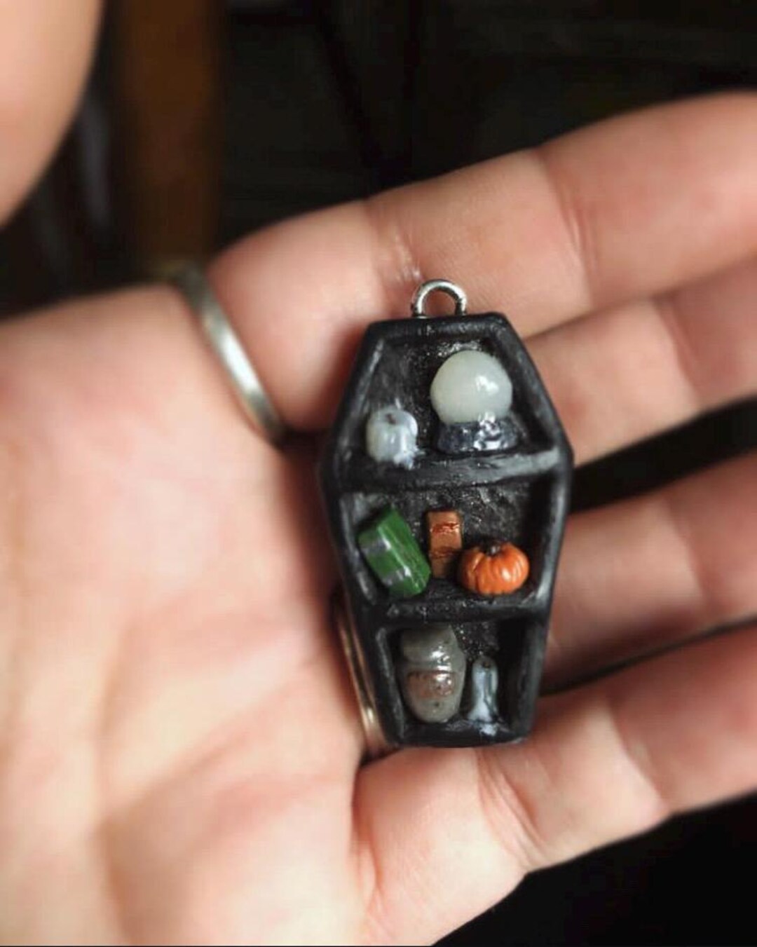 Miniature Coffin Book Shelf Pendant Polymer Clay With Urn Crystal Ball ...