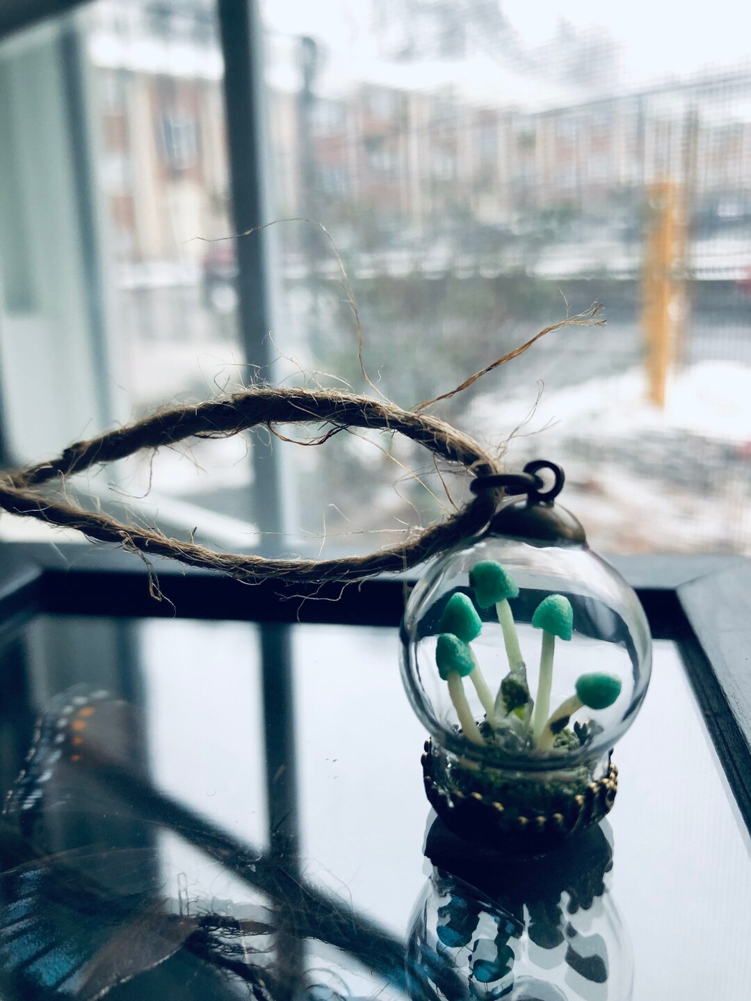 Tiny Fairy Mushroom Dome Globe With Moss & Quartz Pendant Cottagecore ...