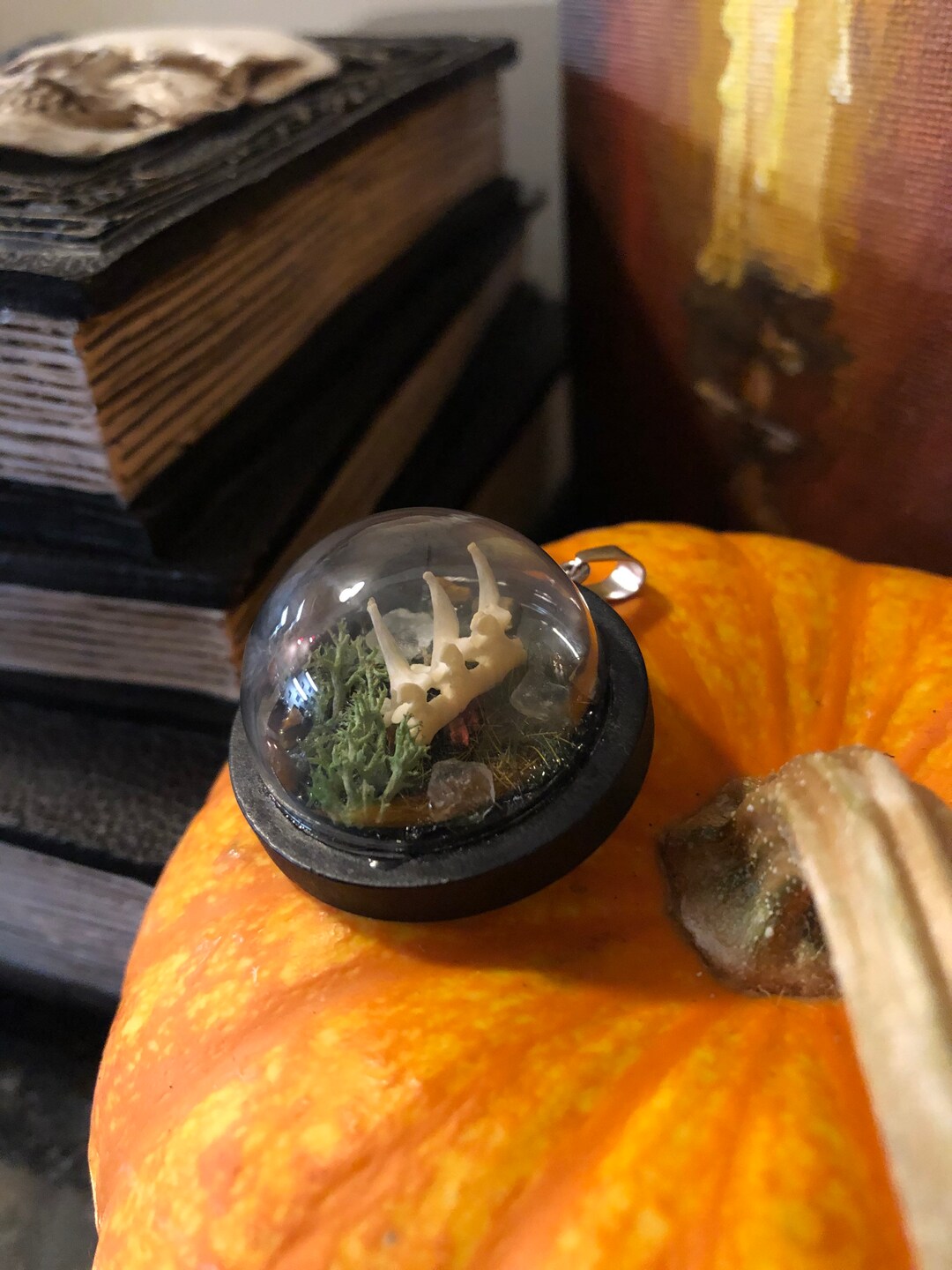 Snake Vertebrae Glass Dome Pendant With Moss & Crystals ; Glow in the ...