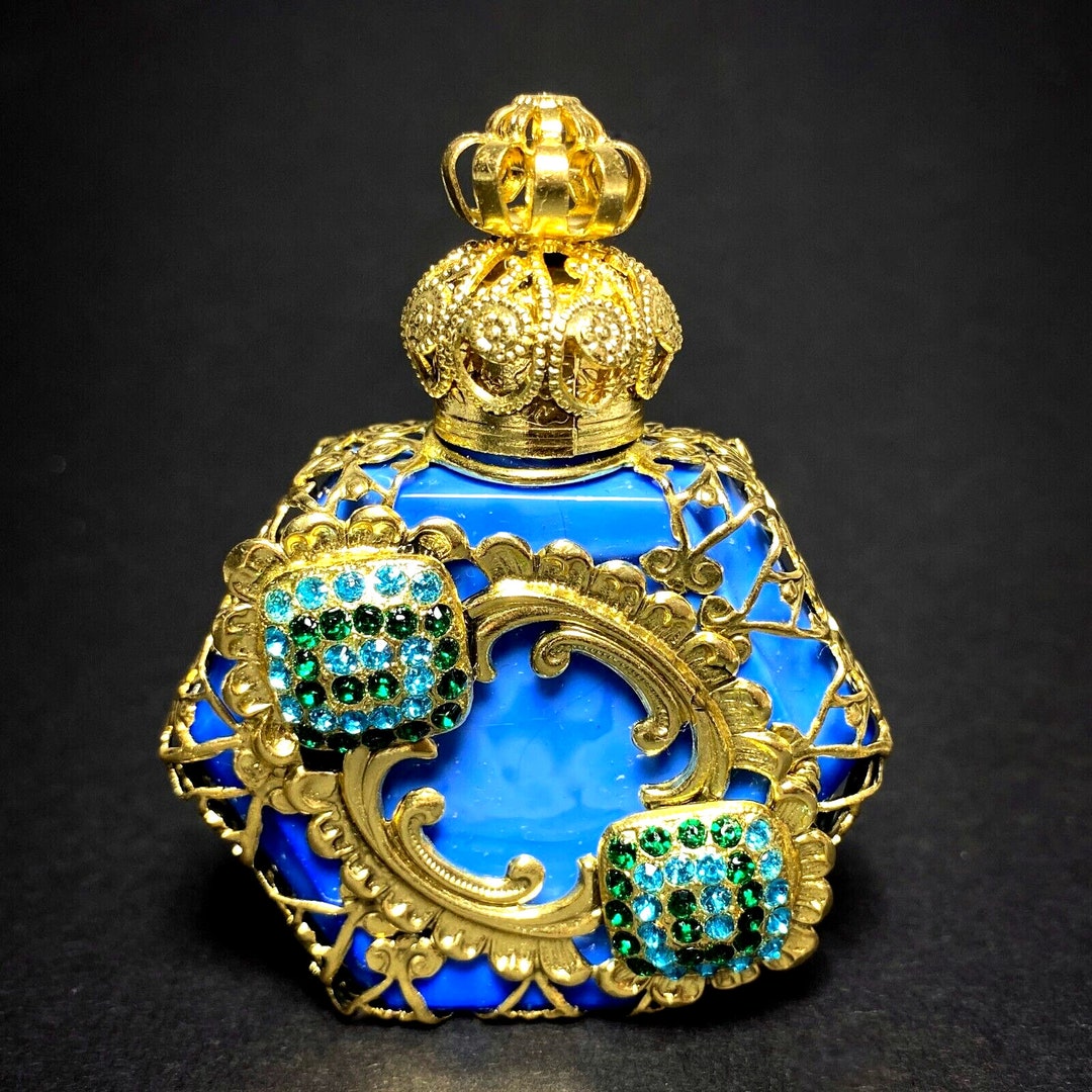 Czech Bottle for Perfume Malachite Glass Gold Filigree Tone Bohemia ...