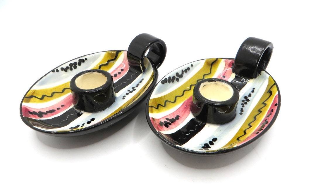 Pair of MCM Candle Holders Made in West Germany Hand Painted Abstract ...