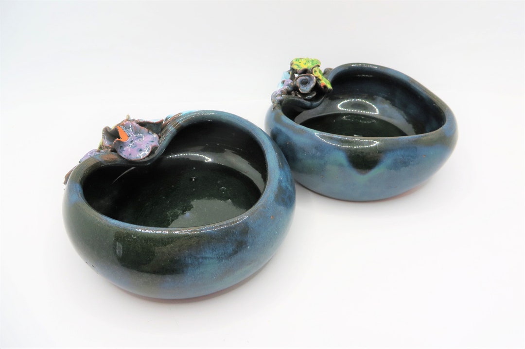 Set of 2 Art Pottery Trinket Dishes Navy Blue Drip Glaze - Etsy