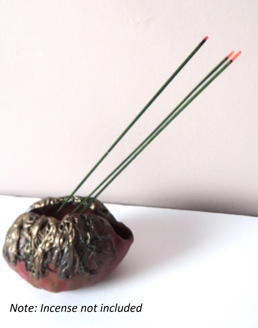 Art Pottery Stick Incense Holder Brass Toned Metal Clay Overlay Ceramic ...
