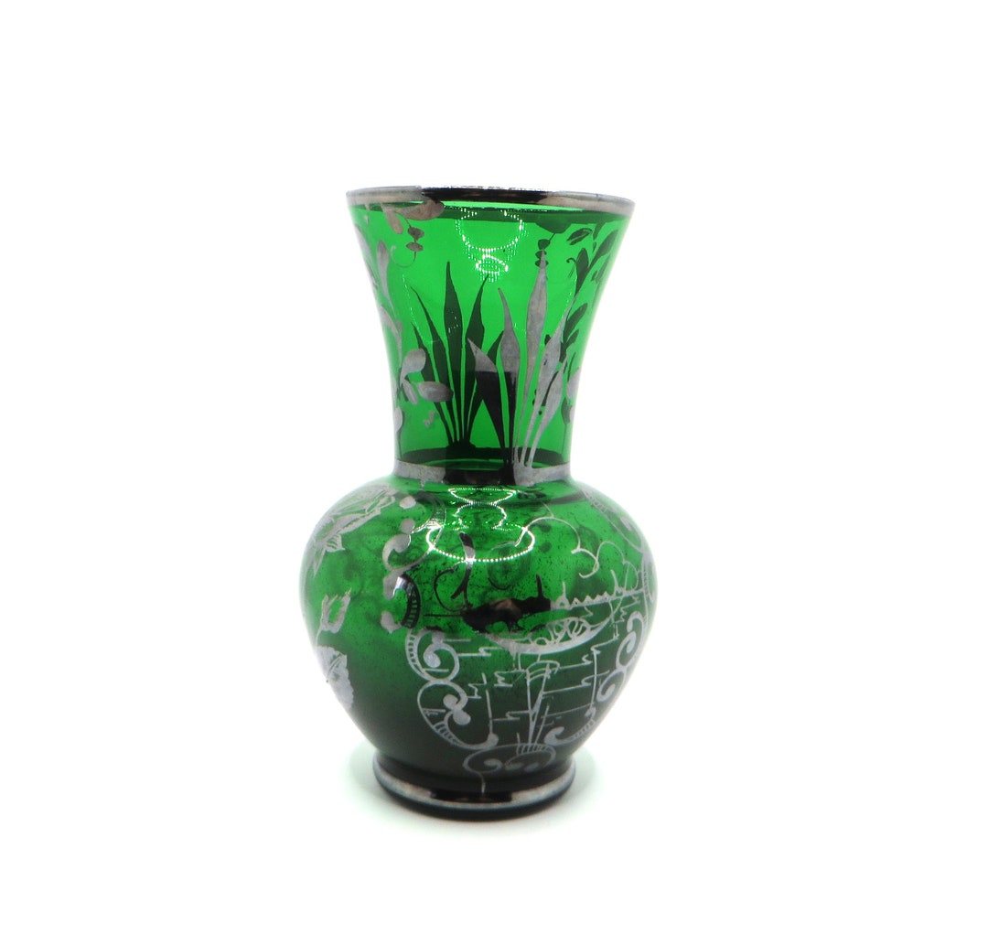 Vintage Emerald Green Glass Vase With Silver Toned Painted Metal ...
