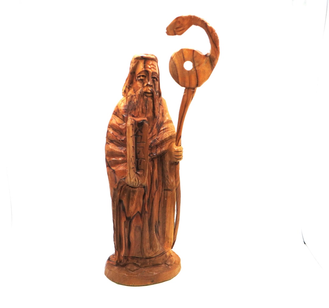 Wood Sculpture Moses With Snake Rod and Tablets Religious Statue Olive ...