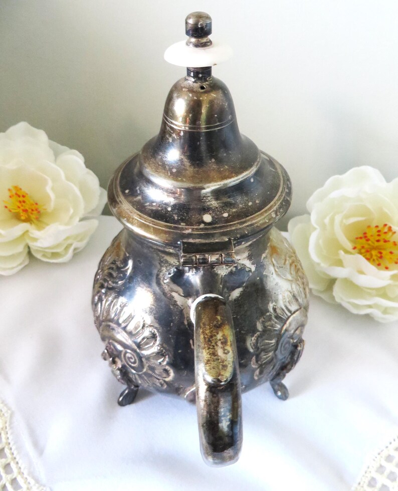 Antique Moroccan Silver Plated Teapot, Ornate Embossed Metal, Claw Feet ...