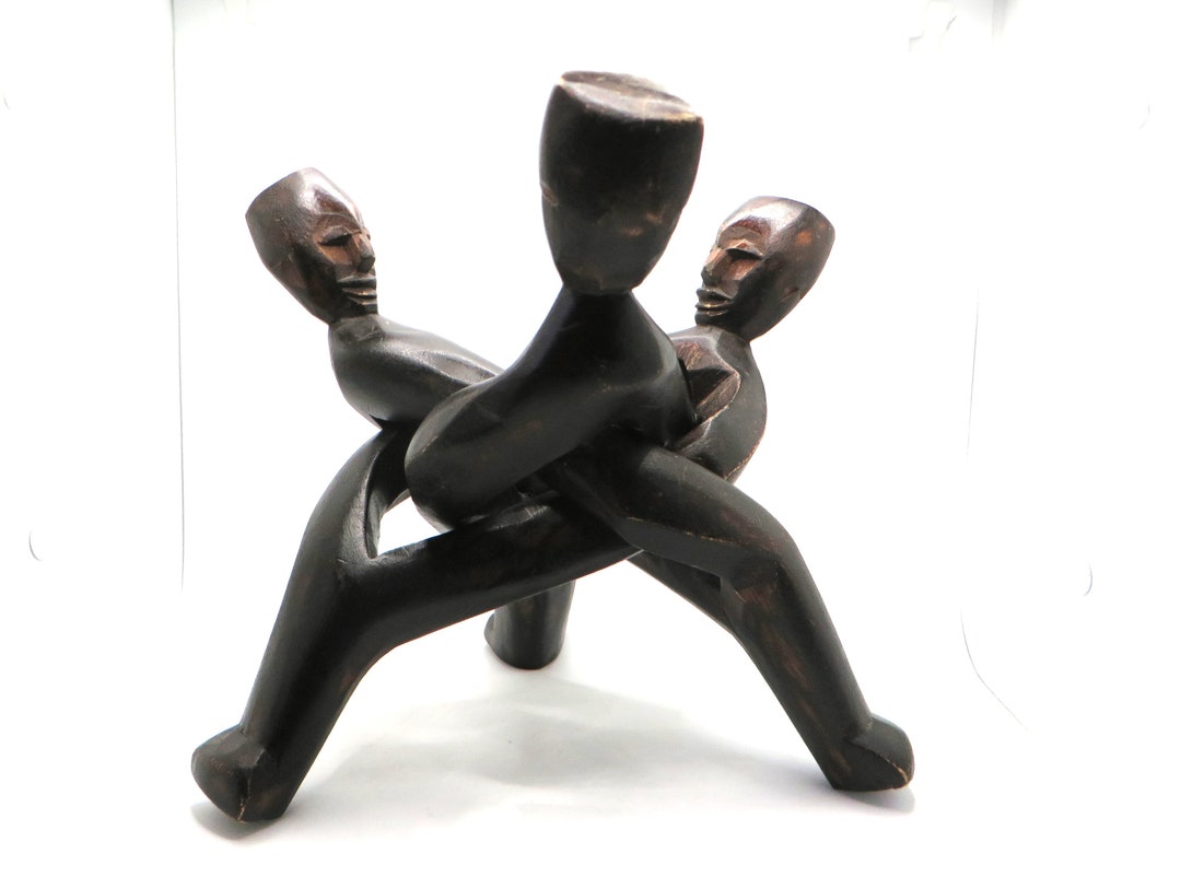 Three Head Interlocking Wood Sculpture Unity Tribal African Wood Stand ...