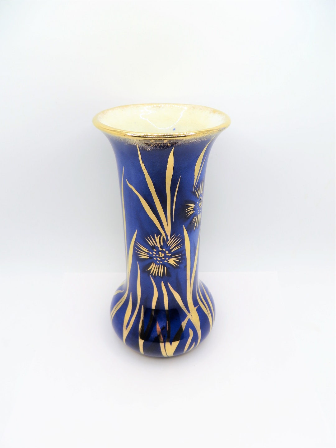 Vintage Ceramic Cobalt Blue Vase Shaw & Copestake Gold Toned Gilding ...