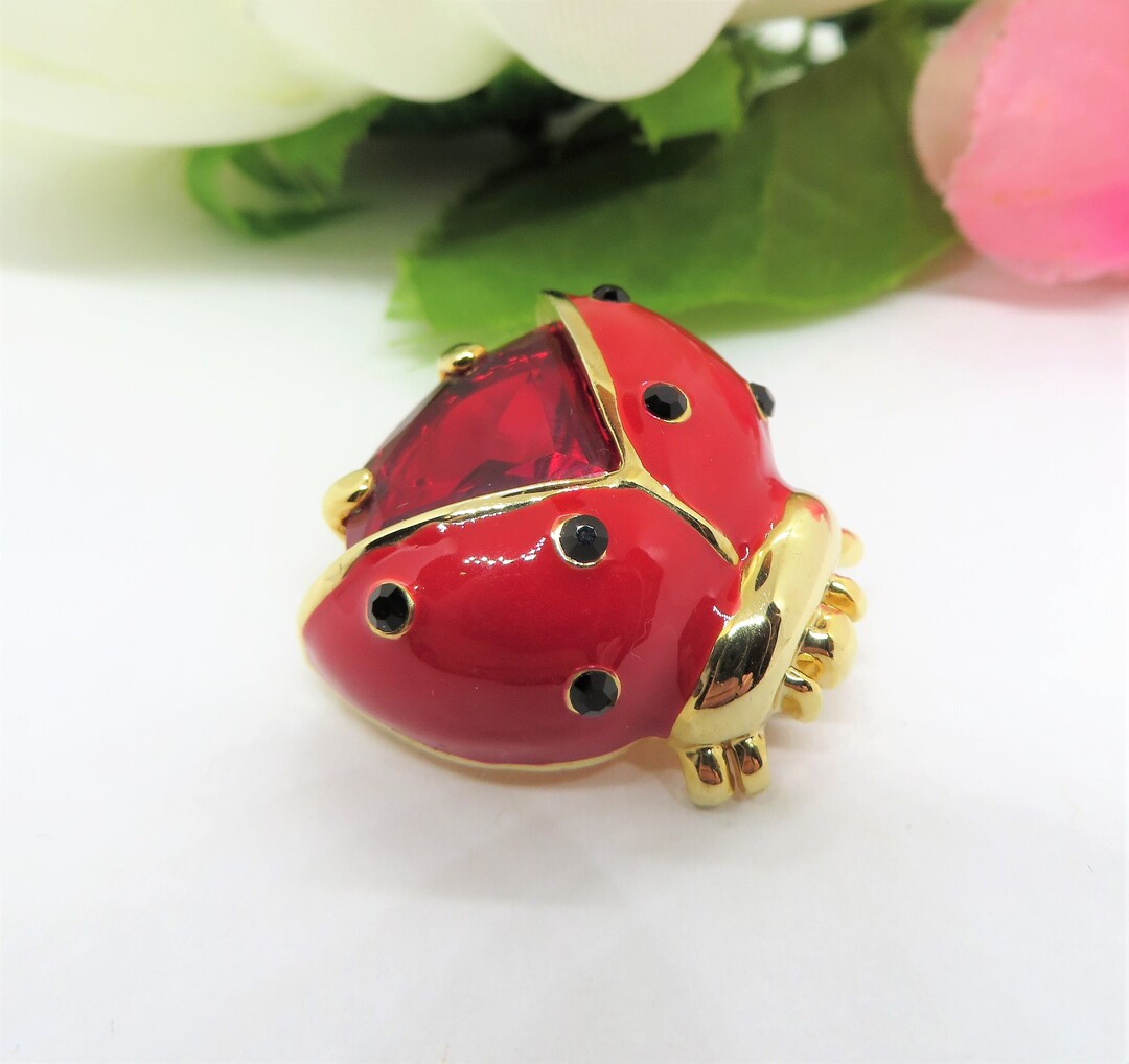 Lady Bug Vintage Broach, Red Cut Glass, Enamel Painted Insect Pin, Gift ...
