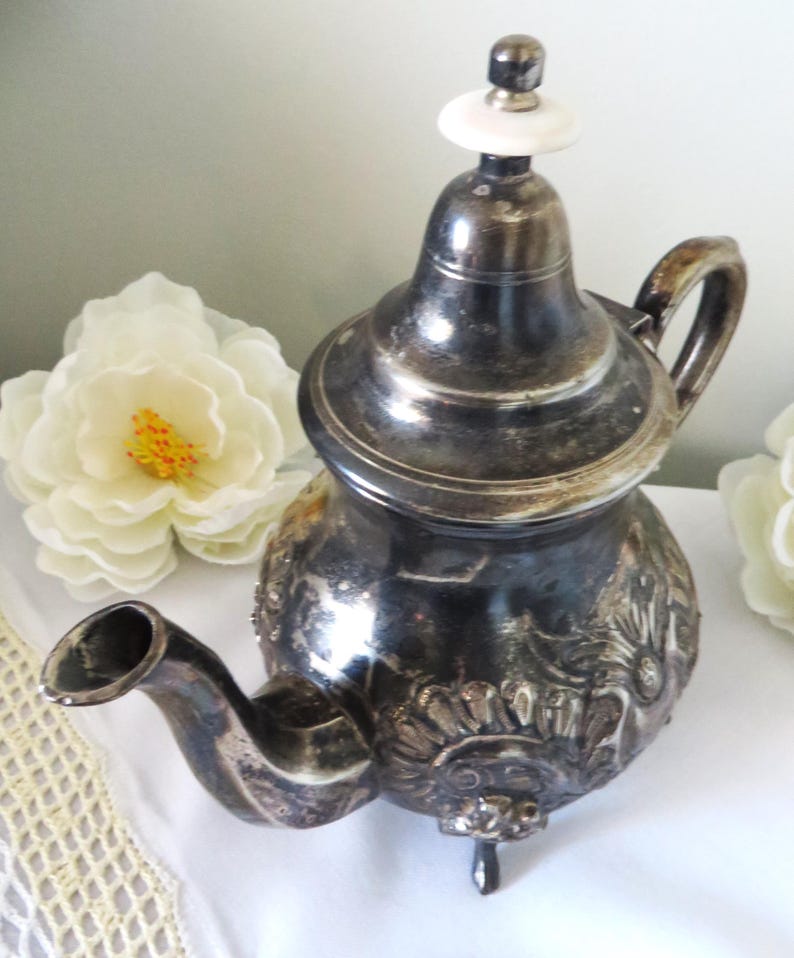 Antique Moroccan Silver Plated Teapot, Ornate Embossed Metal, Claw Feet ...