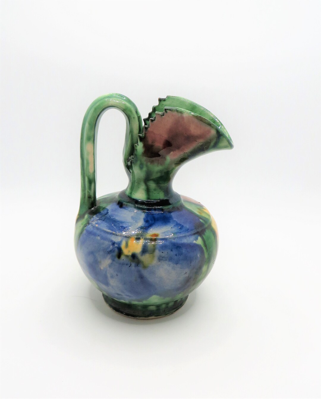 Mexican Pottery Jug Oaxaca Mexico Drip Glaze 5 Inch Tall Saw Tooth Brim ...