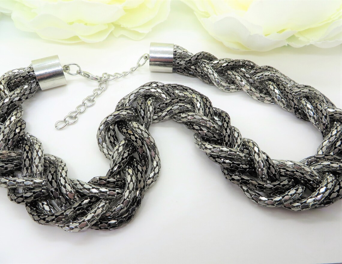 Braided snake chain vintage necklace Silver gray toned | Etsy