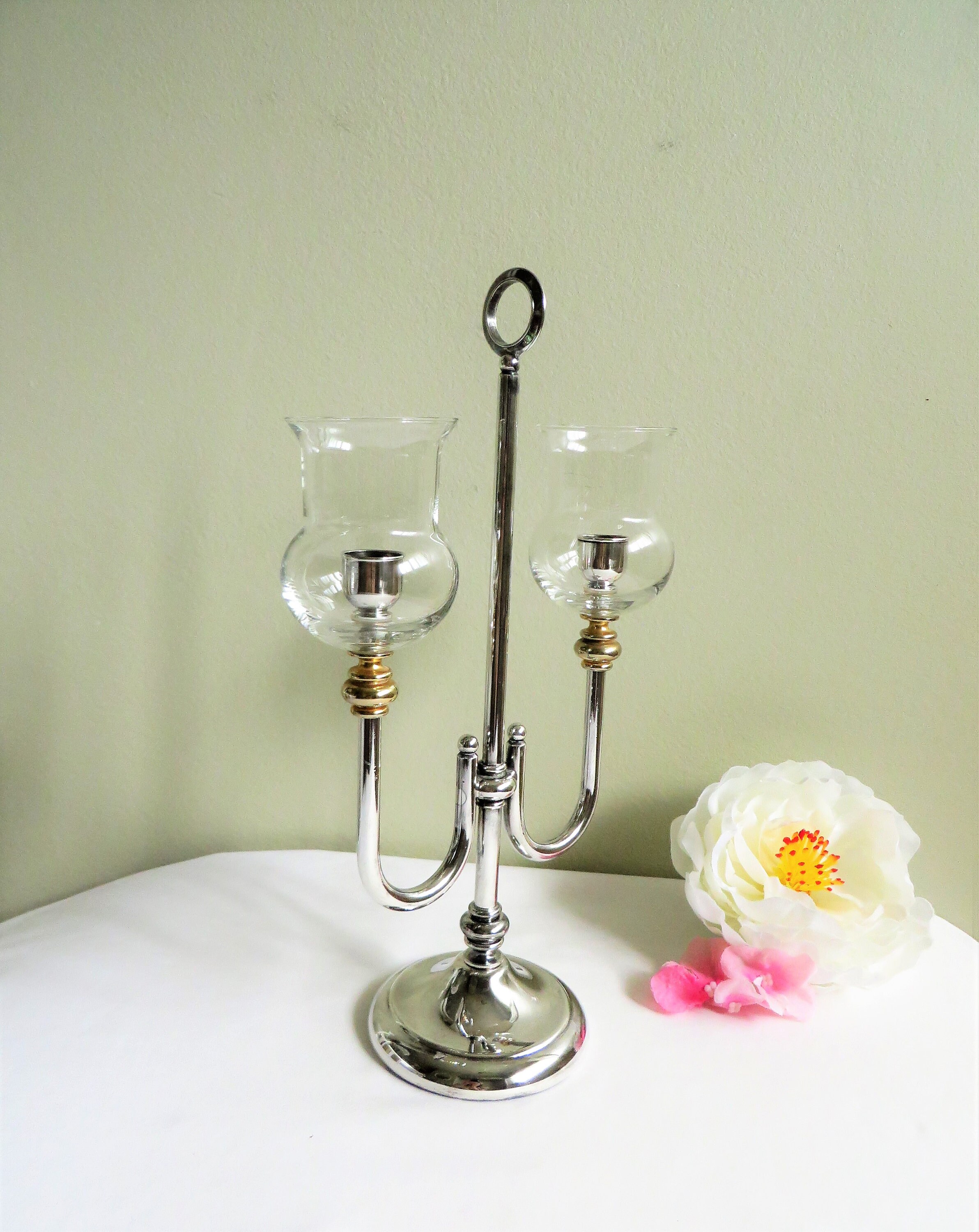 Vintage Double Candlestick Holder Small Hurricane Glass - Etsy