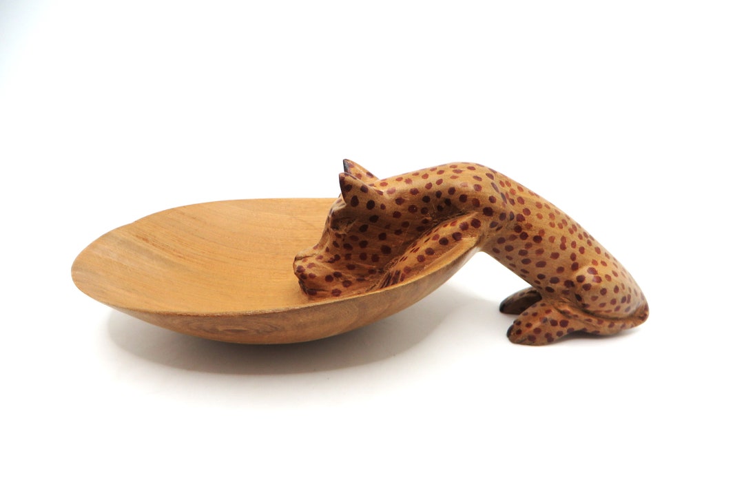 Carved Wood Trinket Bowl Leopard Drinking Ethnic Tribal African Style ...
