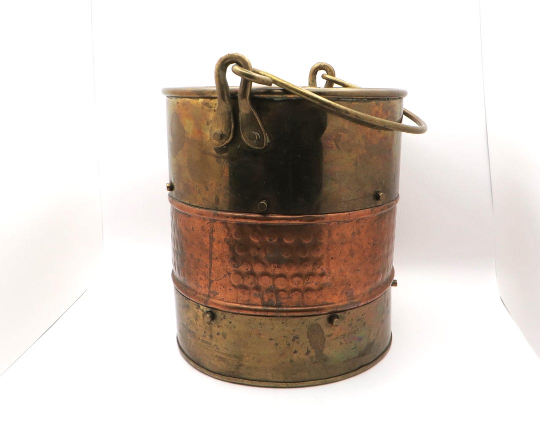 Vintage Copper and Brass Coal Bucket or Kindling Holder Riveted Welded ...