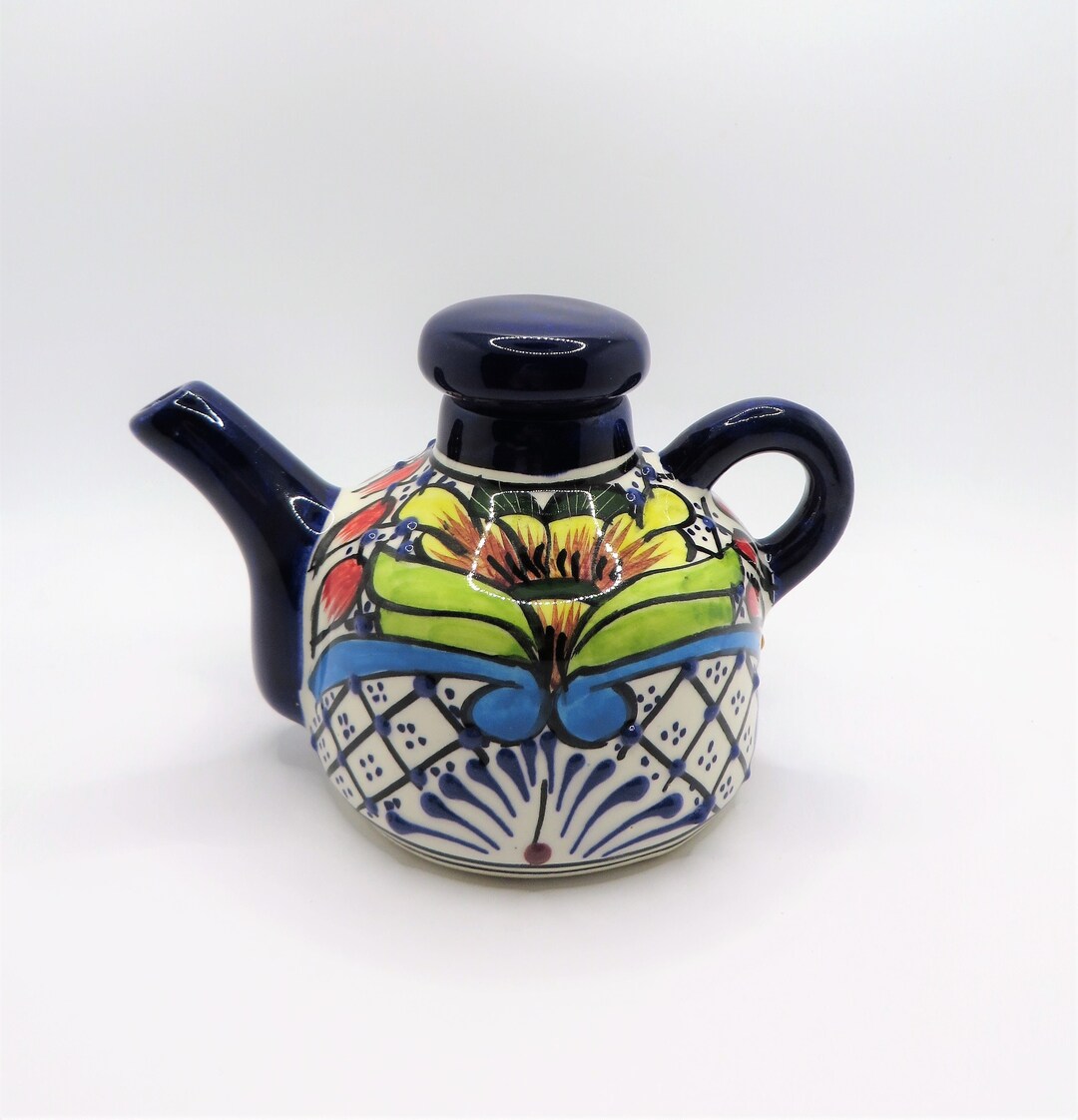 Vintage Talavera Decorative Tea Pot, Hand Painted Cobalt Blue Floral ...