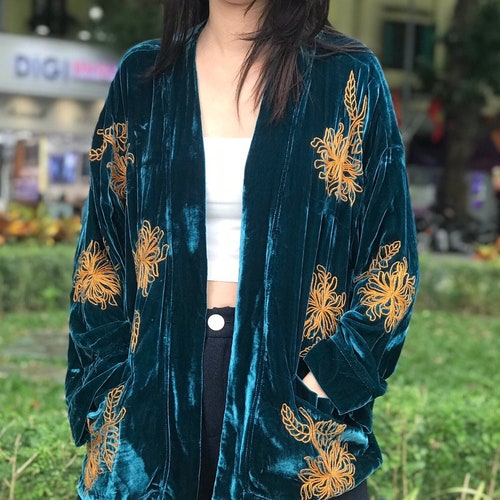Silk Velvet Kimono With Pocket Hand Embroidery Kimono | Etsy