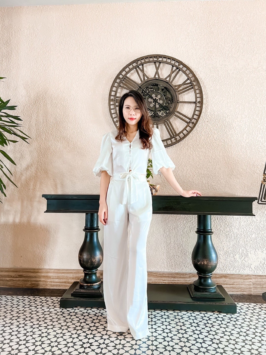 White Silk Set - Wide Leg Trousers - Long Sleeve Tie Front Blouse - Etsy