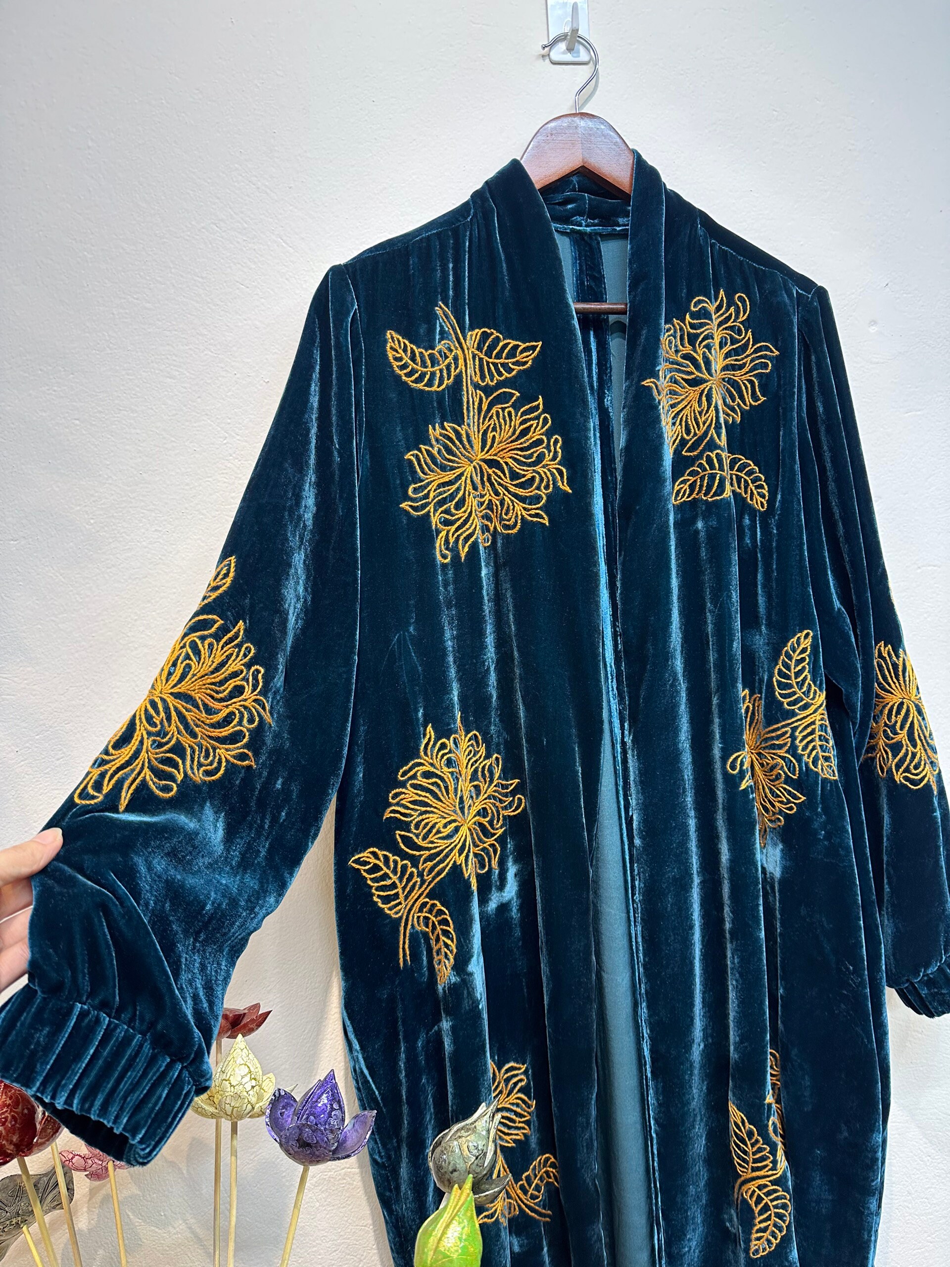 Long Silk Velvet Duster With Hand Embroidery – Long Cardigan Jacket ...