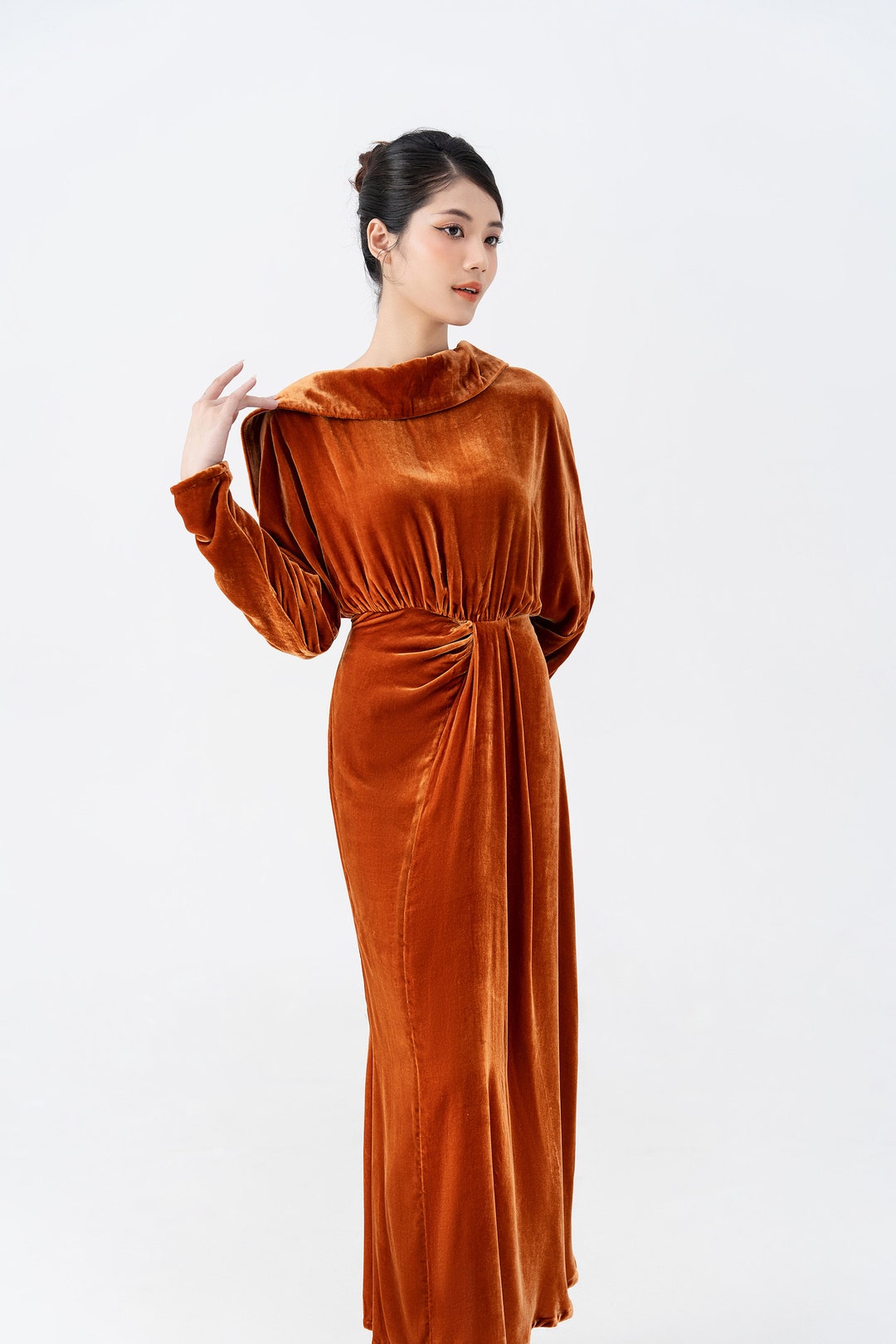 Mulberry Silk Velvet Dress , Luxurious Silk Velvet Dress With Sleeves ...