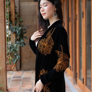Long Silk Velvet Duster With Hand Embroidery – Side Pockets – Side ...