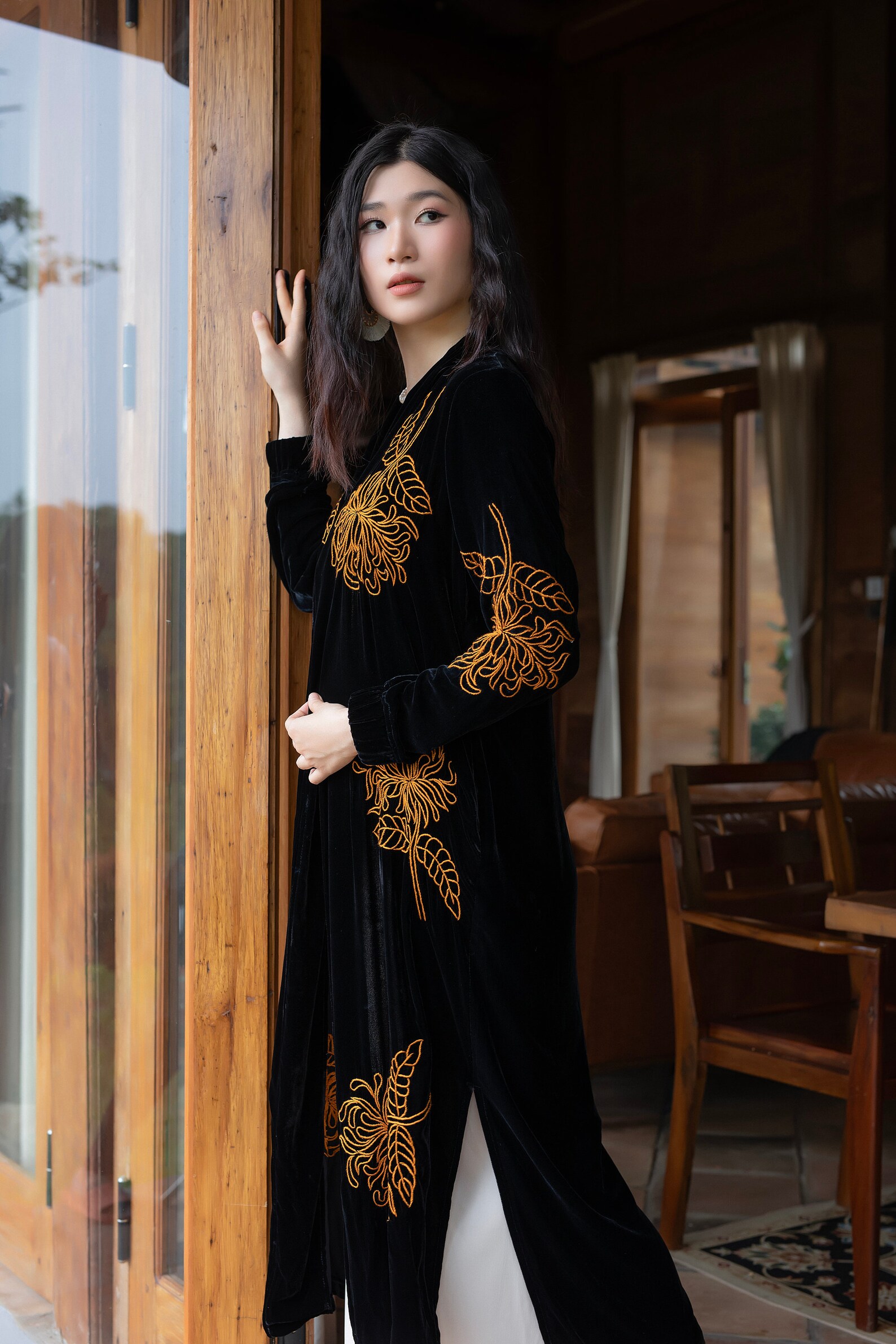 Long Silk Velvet Duster With Hand Embroidery – Side Pockets – Side ...