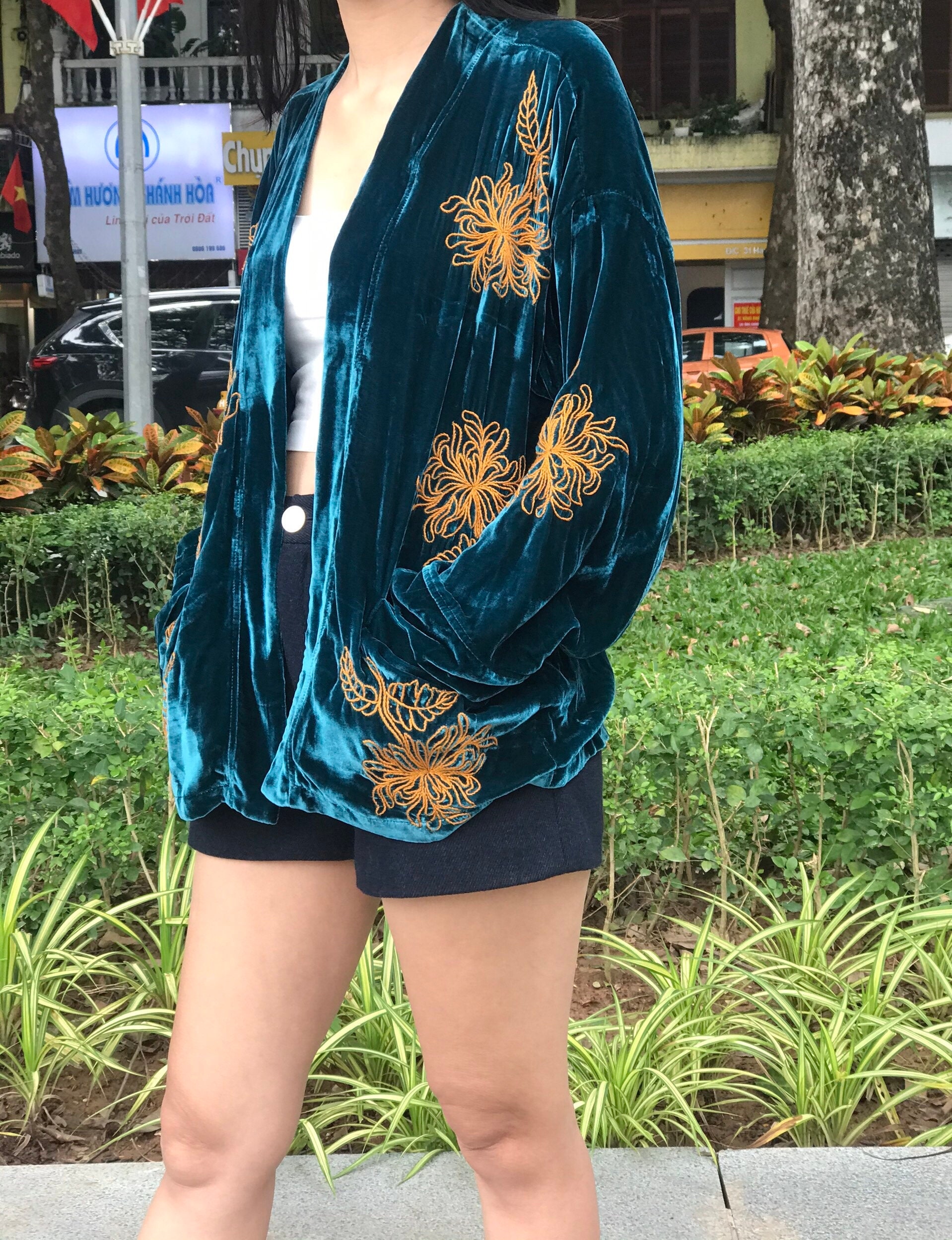 Silk Velvet Kimono With Pocket, Hand Embroidery Kimono - Etsy