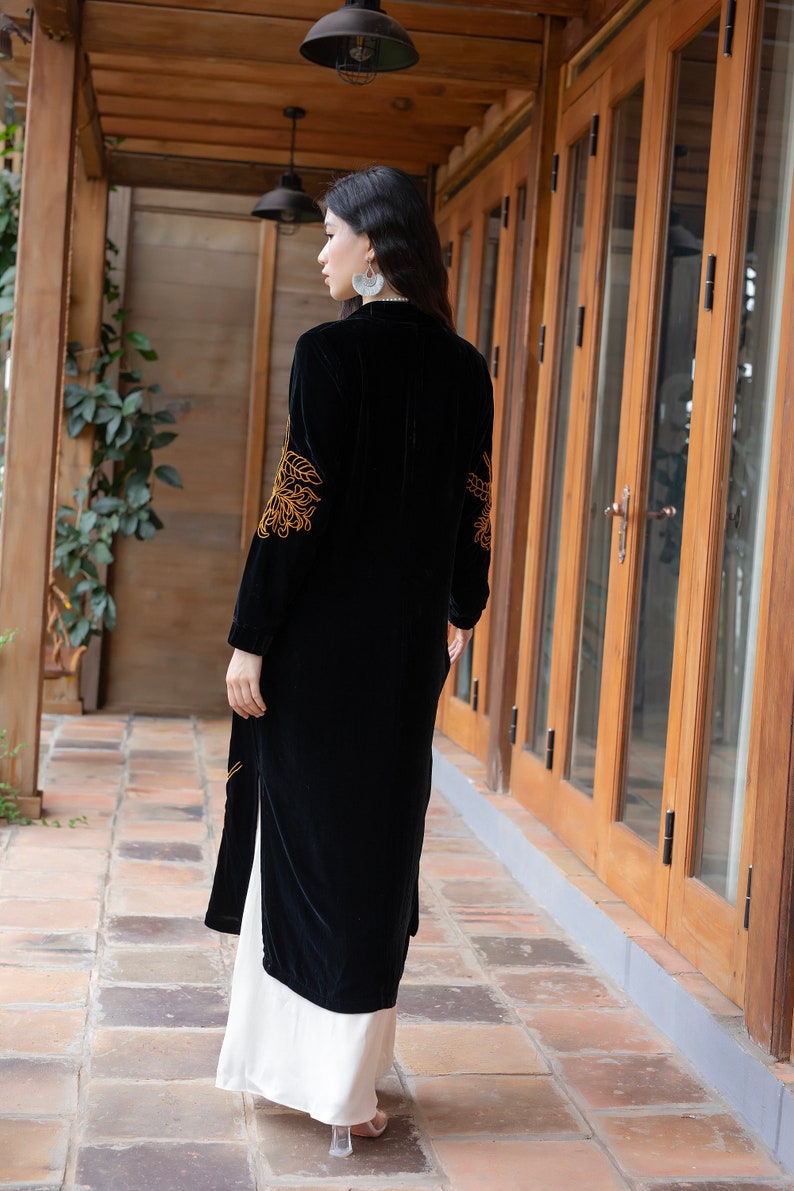 Long Silk Velvet Duster With Hand Embroidery – Side Pockets – Side ...