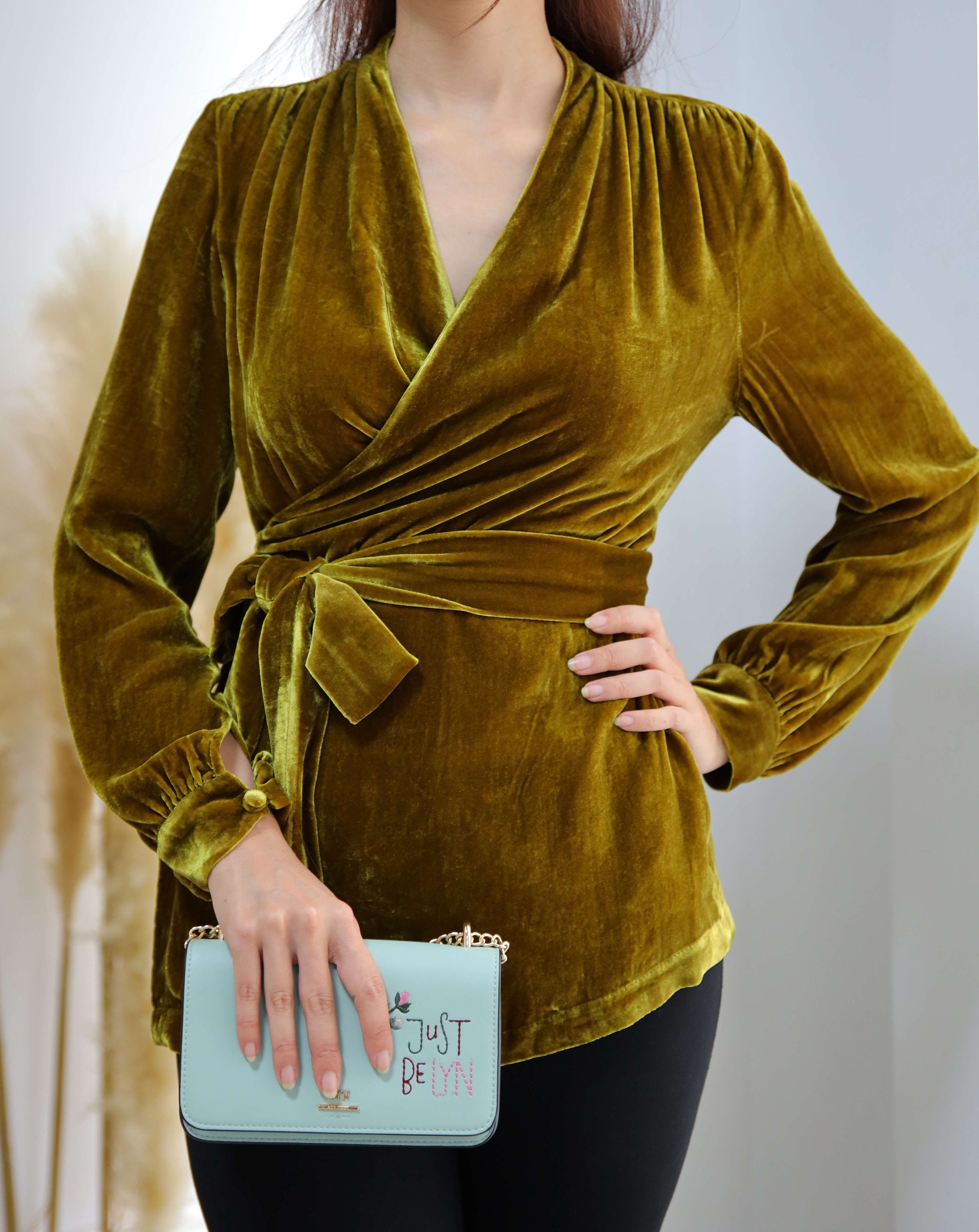 MULBERRY SILK Velvet Wrap Top Women - Antique Gold Long Sleeve Blouse ...