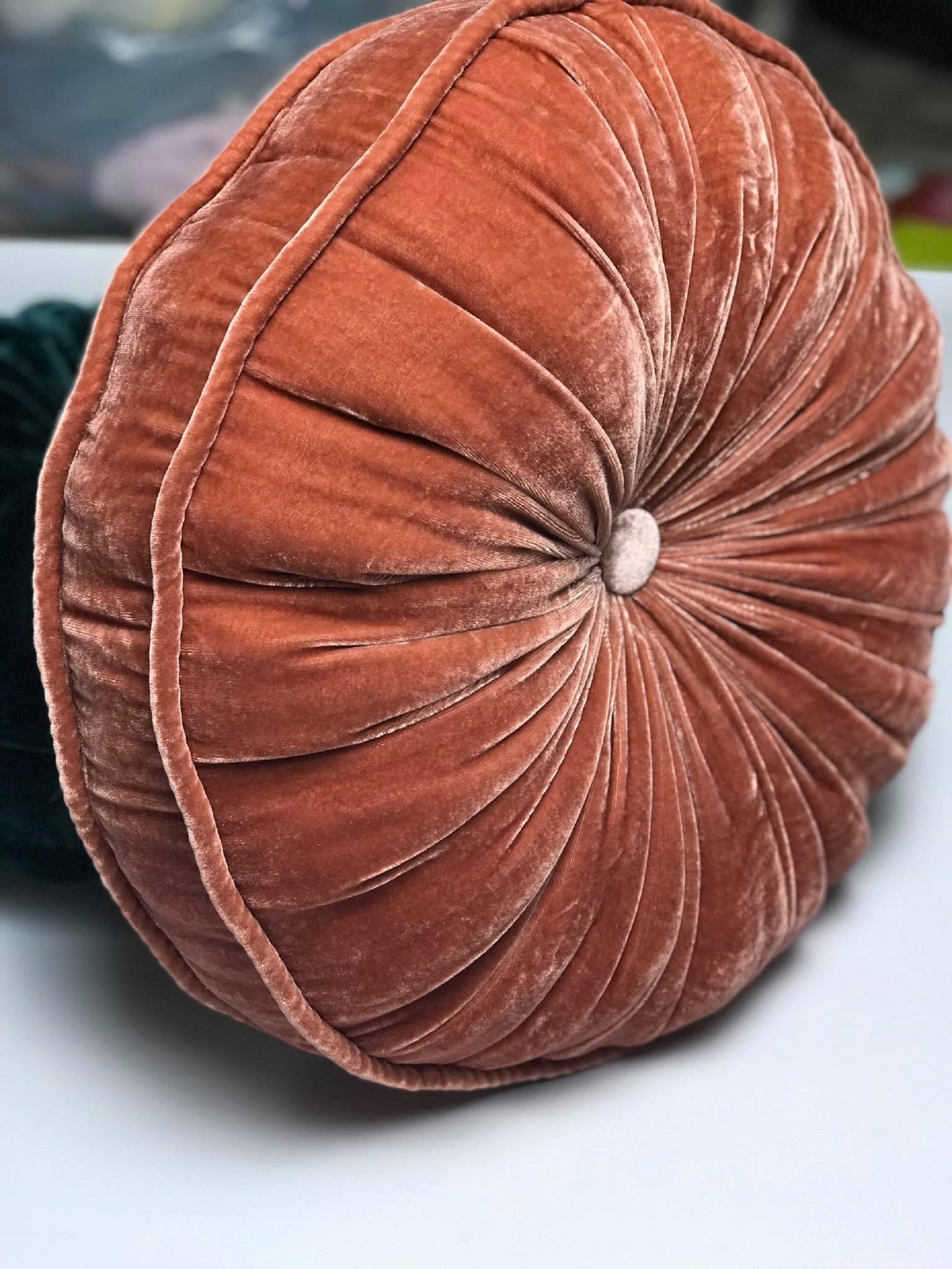 Round Silk Velvet Pillow – Handmade Salmon Velvet Cushion, Soft ...