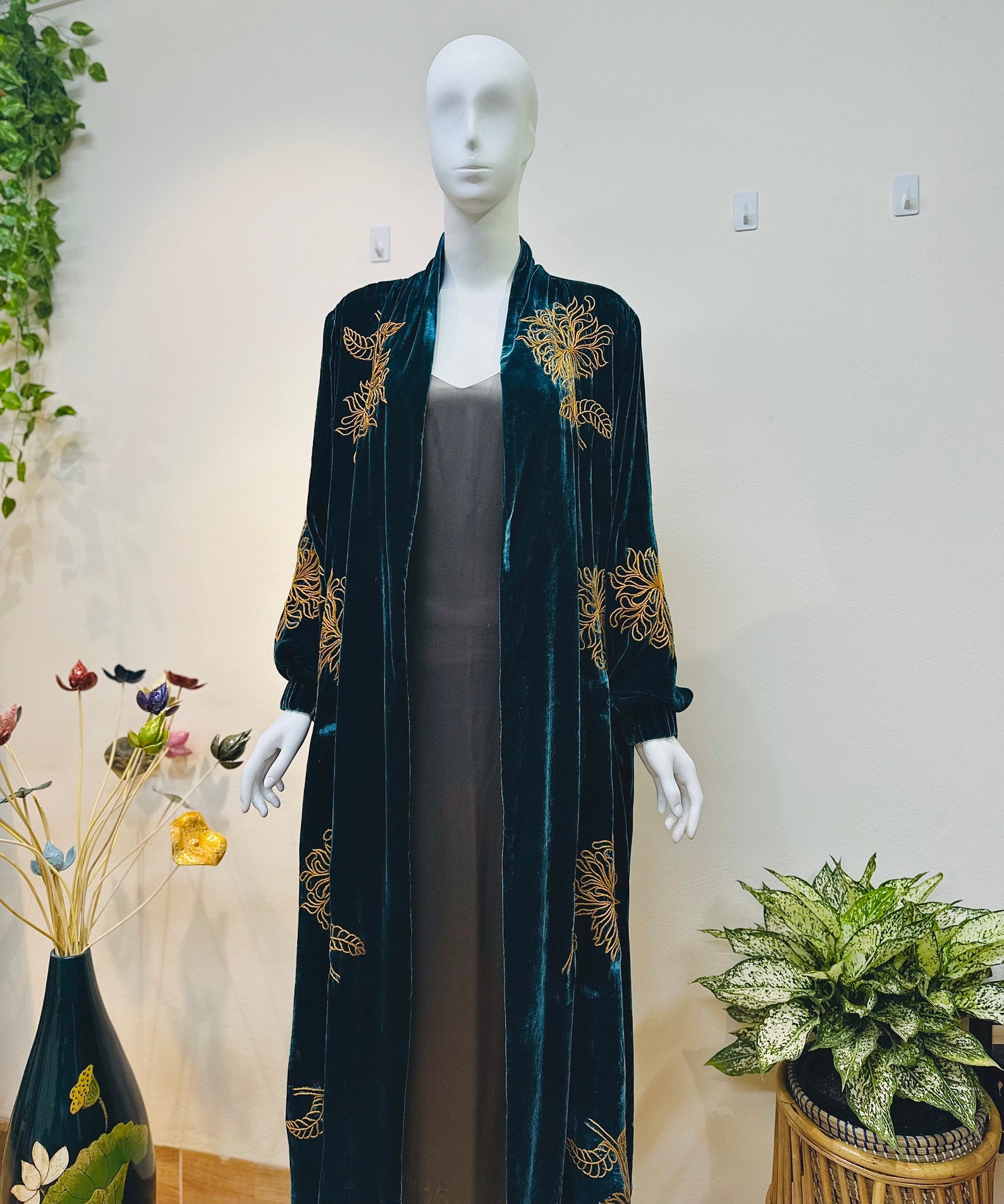 Long Silk Velvet Duster With Hand Embroidery – Long Cardigan Jacket ...