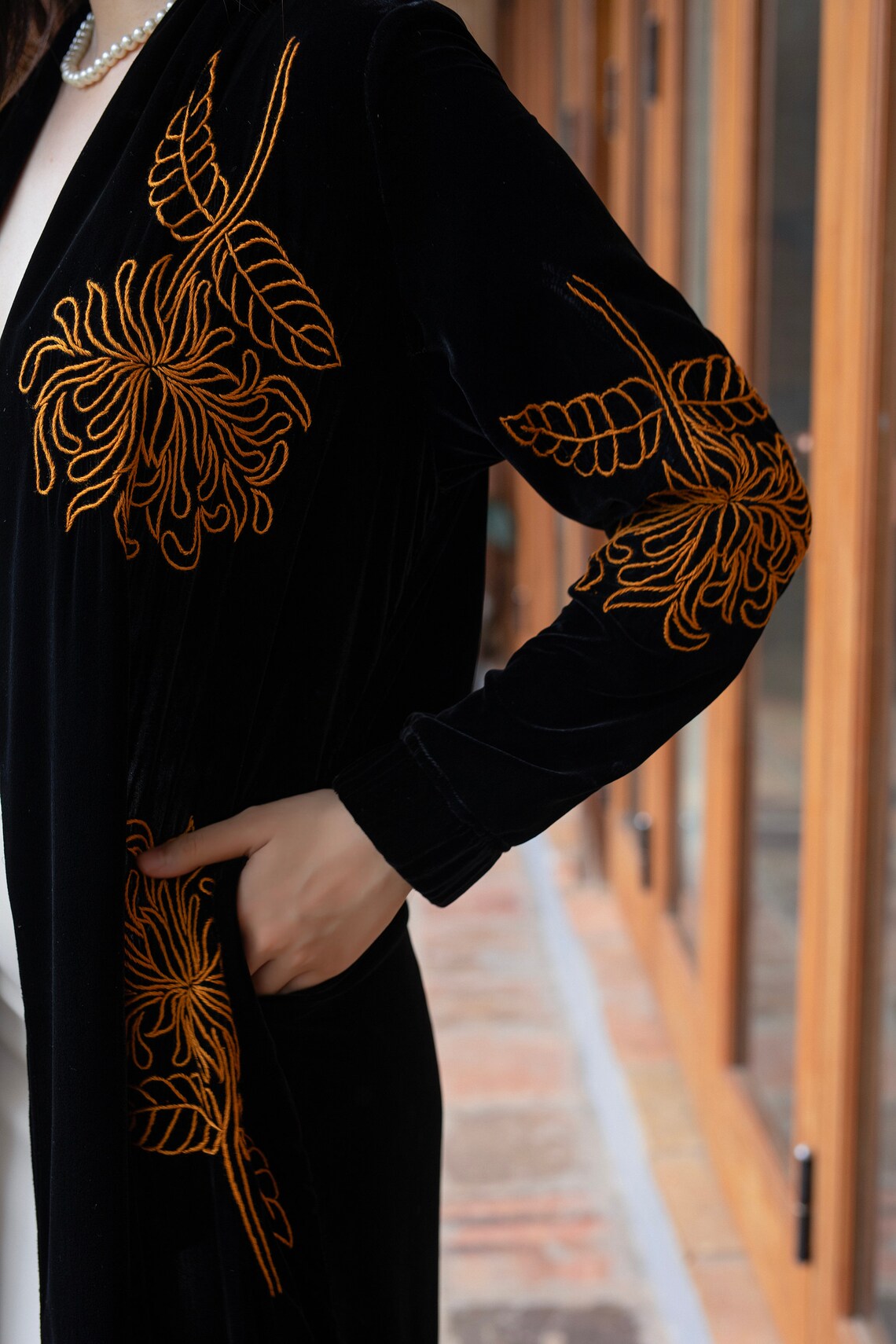 Long Silk Velvet Duster With Hand Embroidery – Side Pockets – Side ...